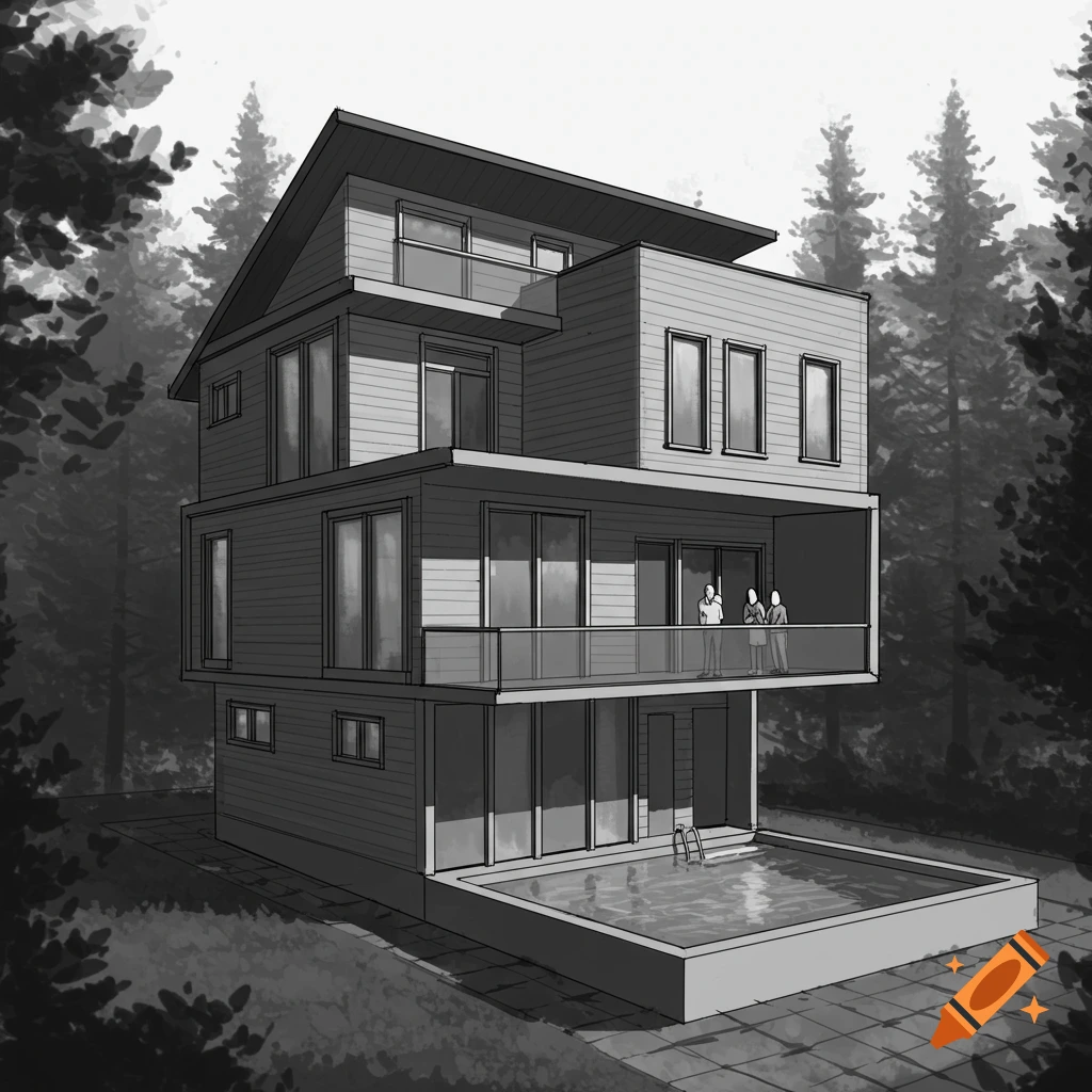 Black and white three-story house with a pool on the third floor, trees ...