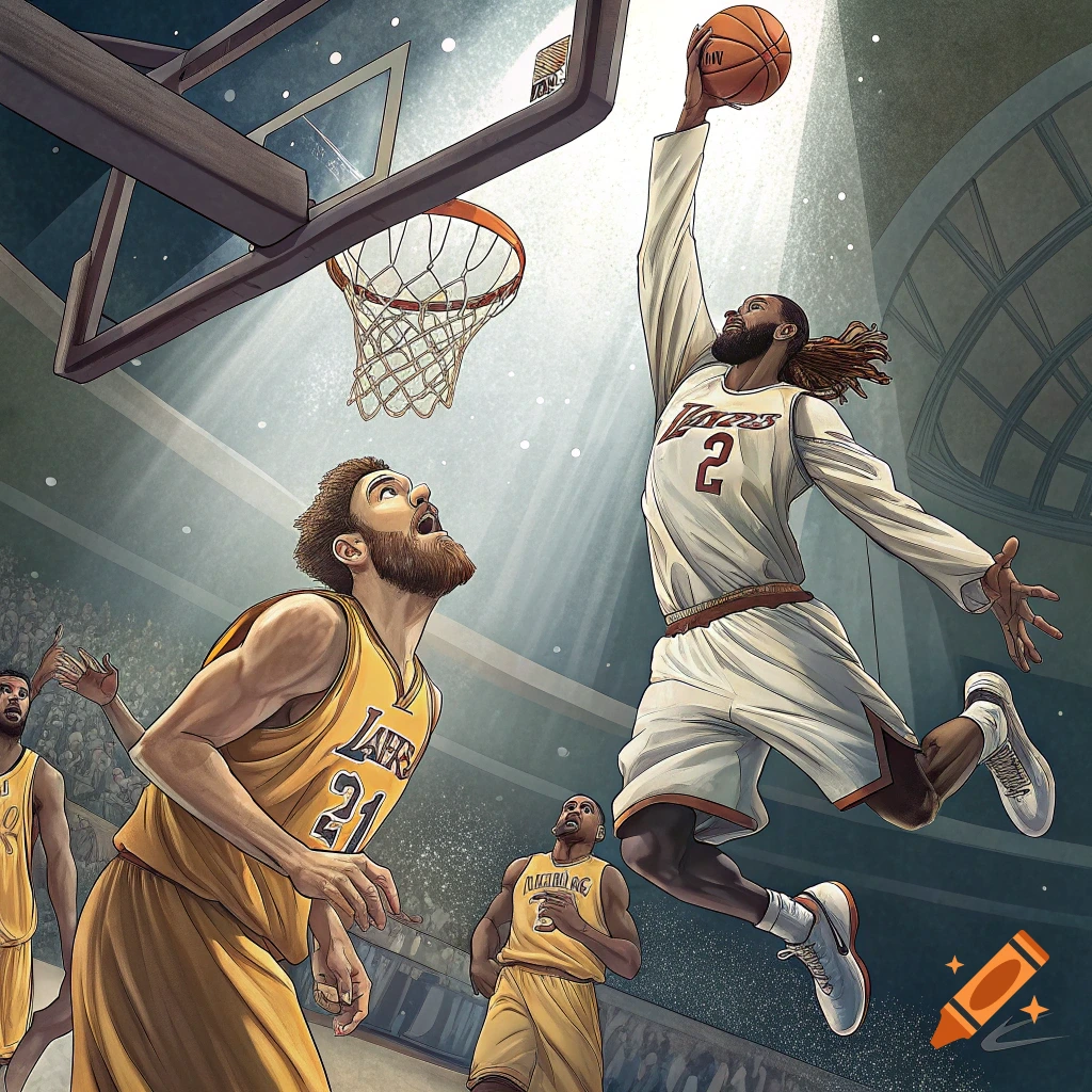 Cartoon illustration of a basketball player shooting on a court in ...