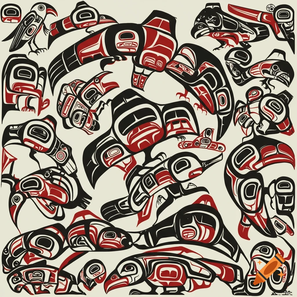 Haida art of beavers and moose in minimalist linocut style on Craiyon