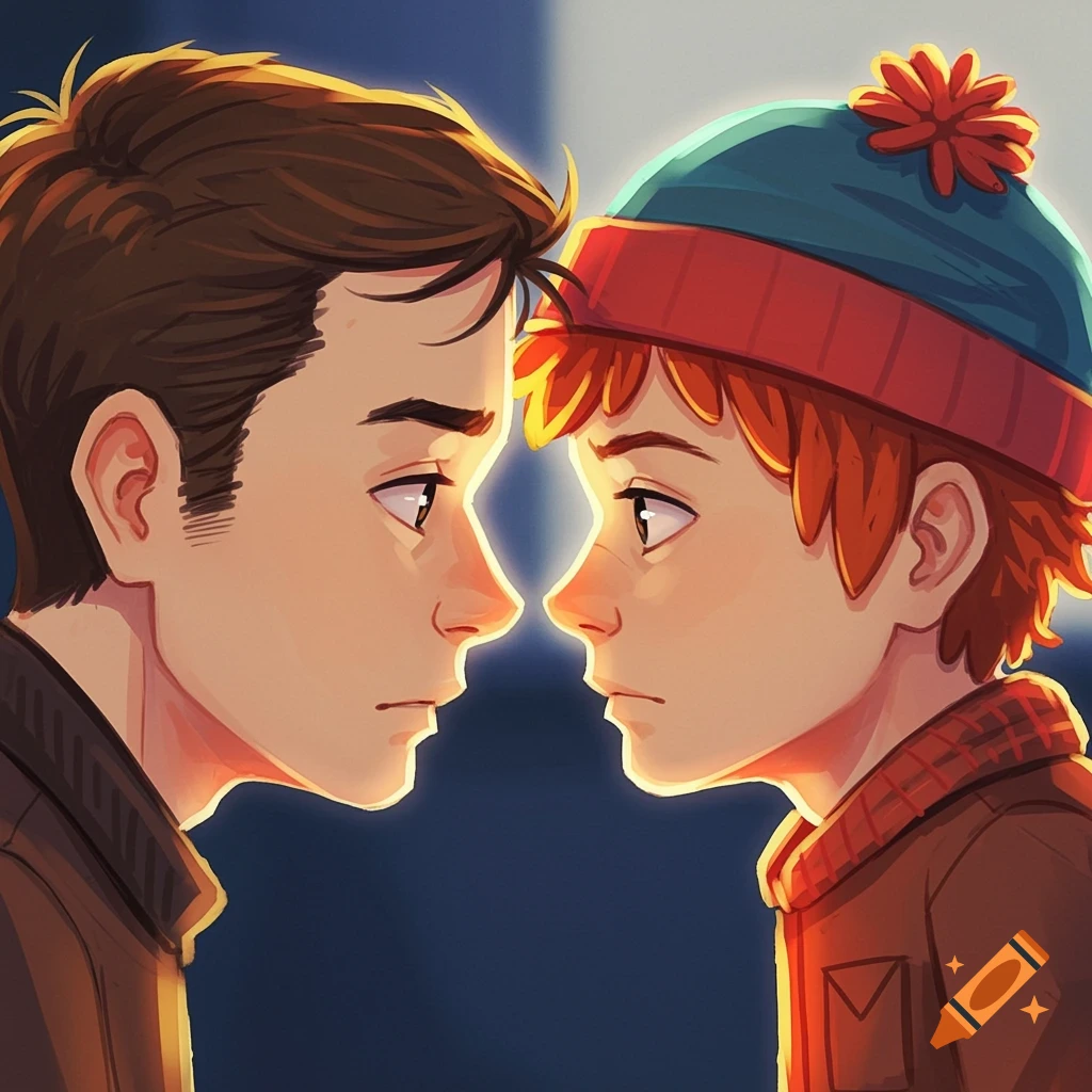 Two South Park characters, Stan and Kyle, facing each other. on Craiyon