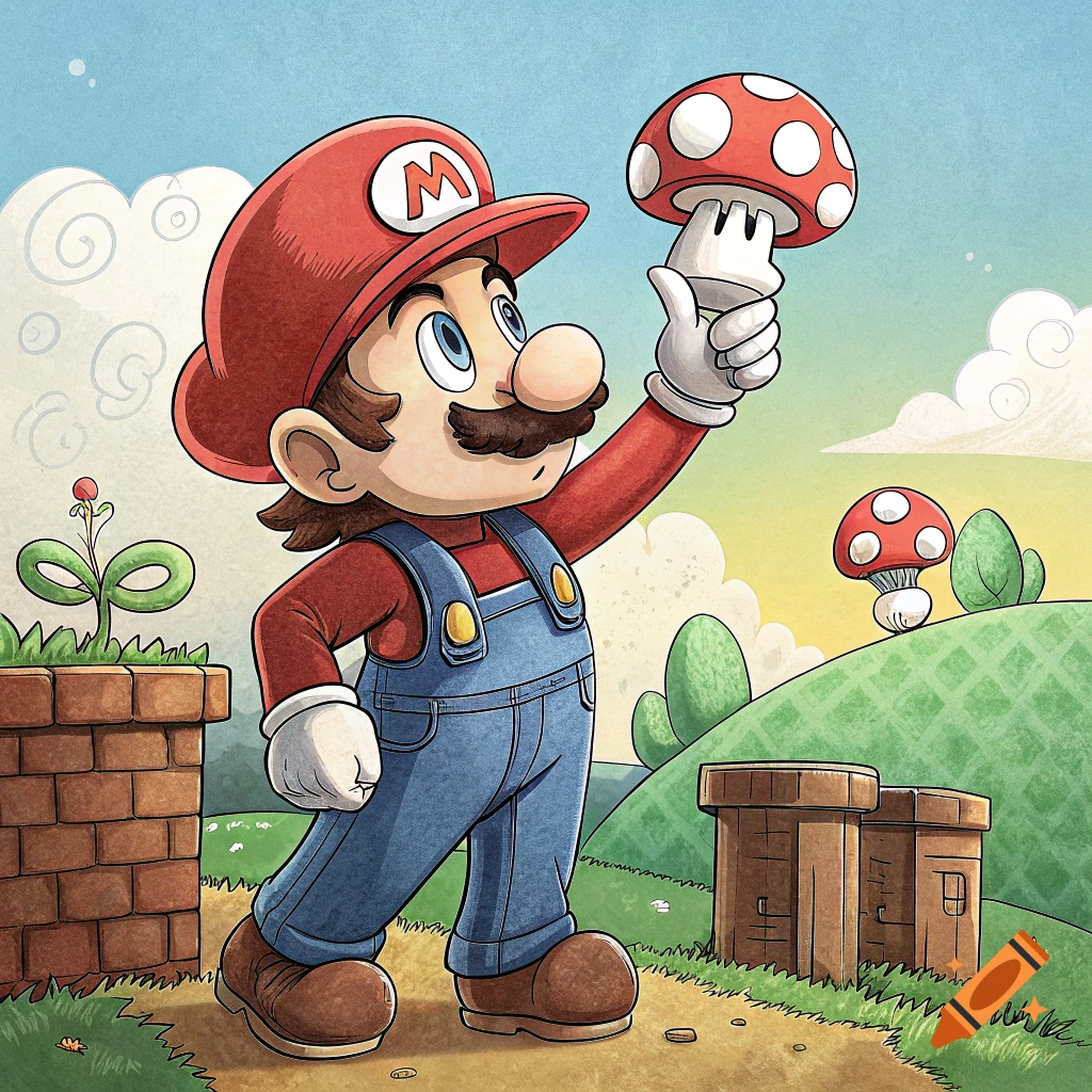 Illustration of Mario holding a mushroom in a classic Super Mario Bros ...
