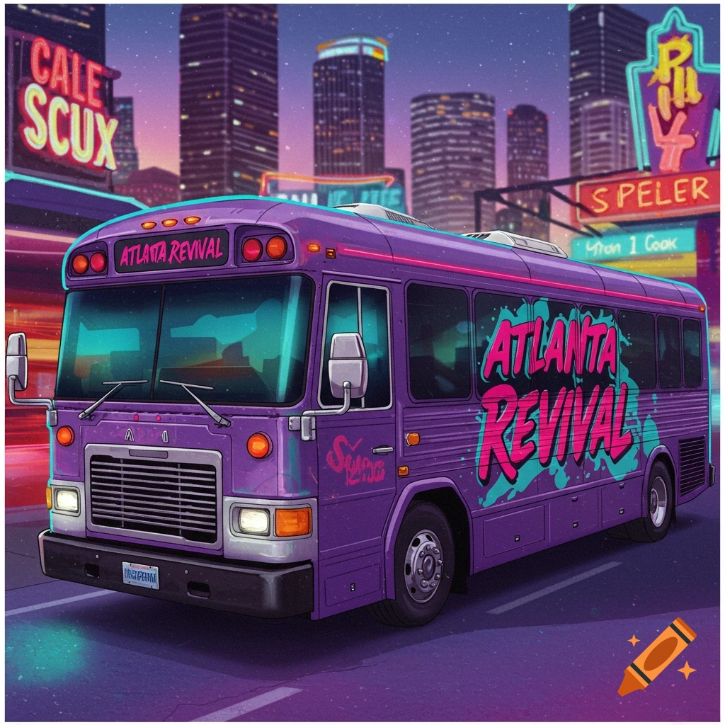 Purple tour bus with 'Atlanta Revival' printed in hot pink on Craiyon
