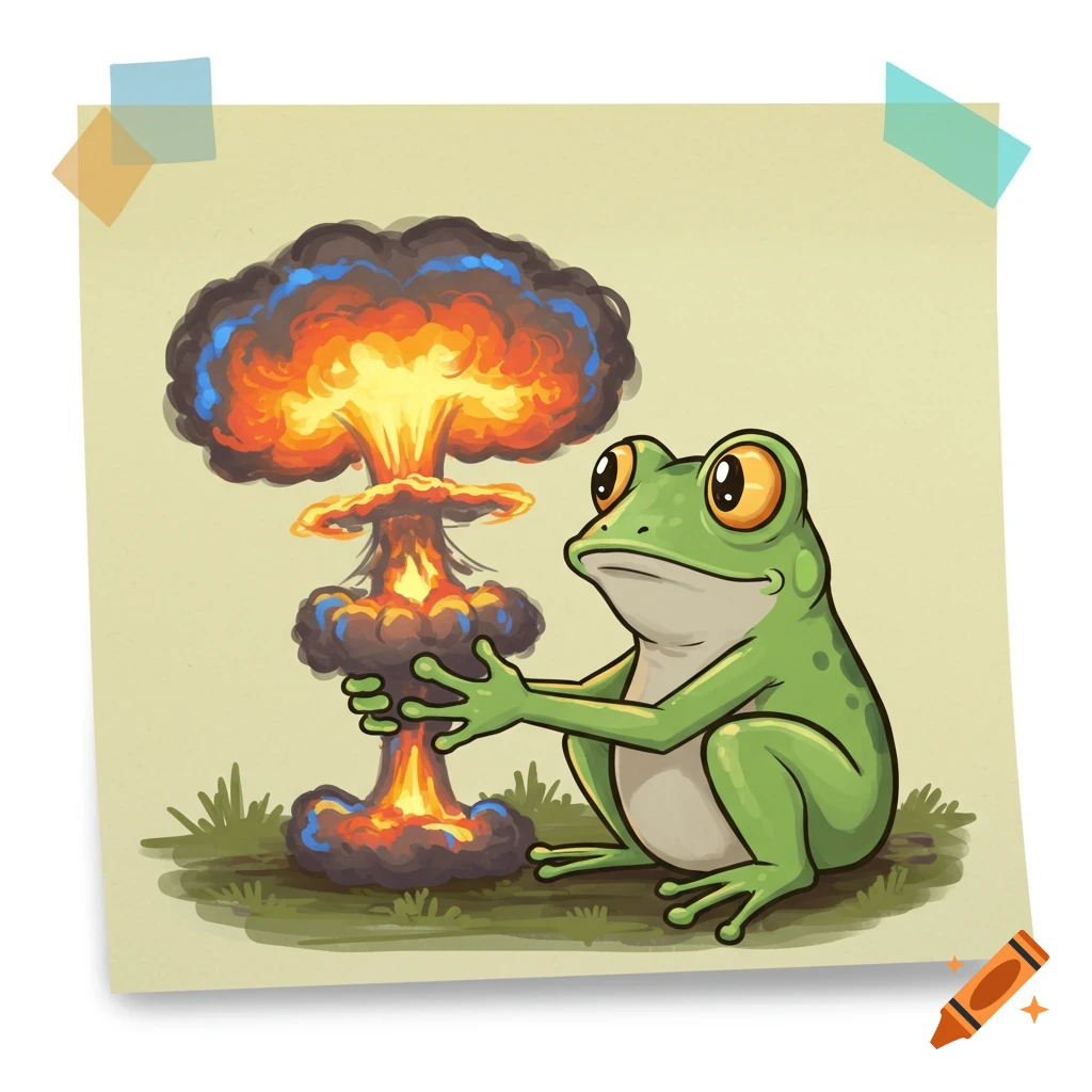 Frog involved in a nuclear theme on a sticky note on Craiyon