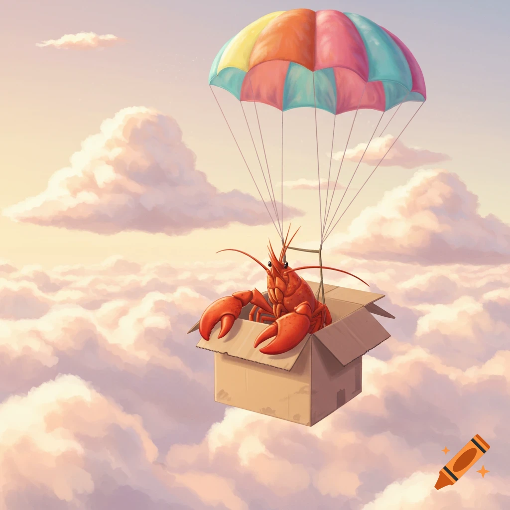 Lobster in a cardboard box with parachute falling through clouds on Craiyon