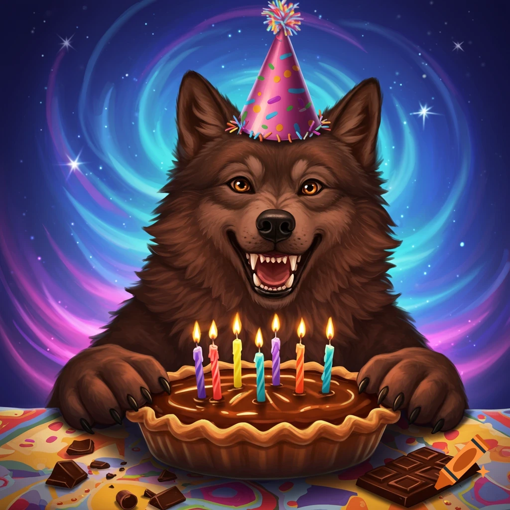 Happy wolf in a party hat with a chocolate pie and lit candles. on Craiyon