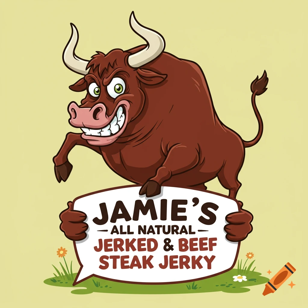 Cartoon illustration of a shaggy cow in a chef's hat and bandana below ...