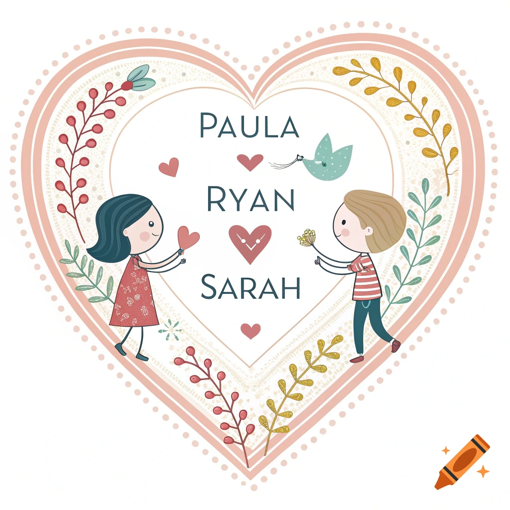 Cartoon illustration of names Paula, Ryan, and Sarah inside a heart ...