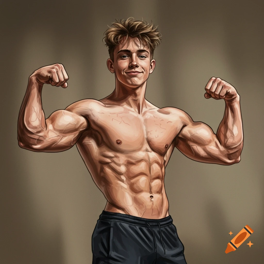 Shirtless college bodybuilder flexing on Craiyon