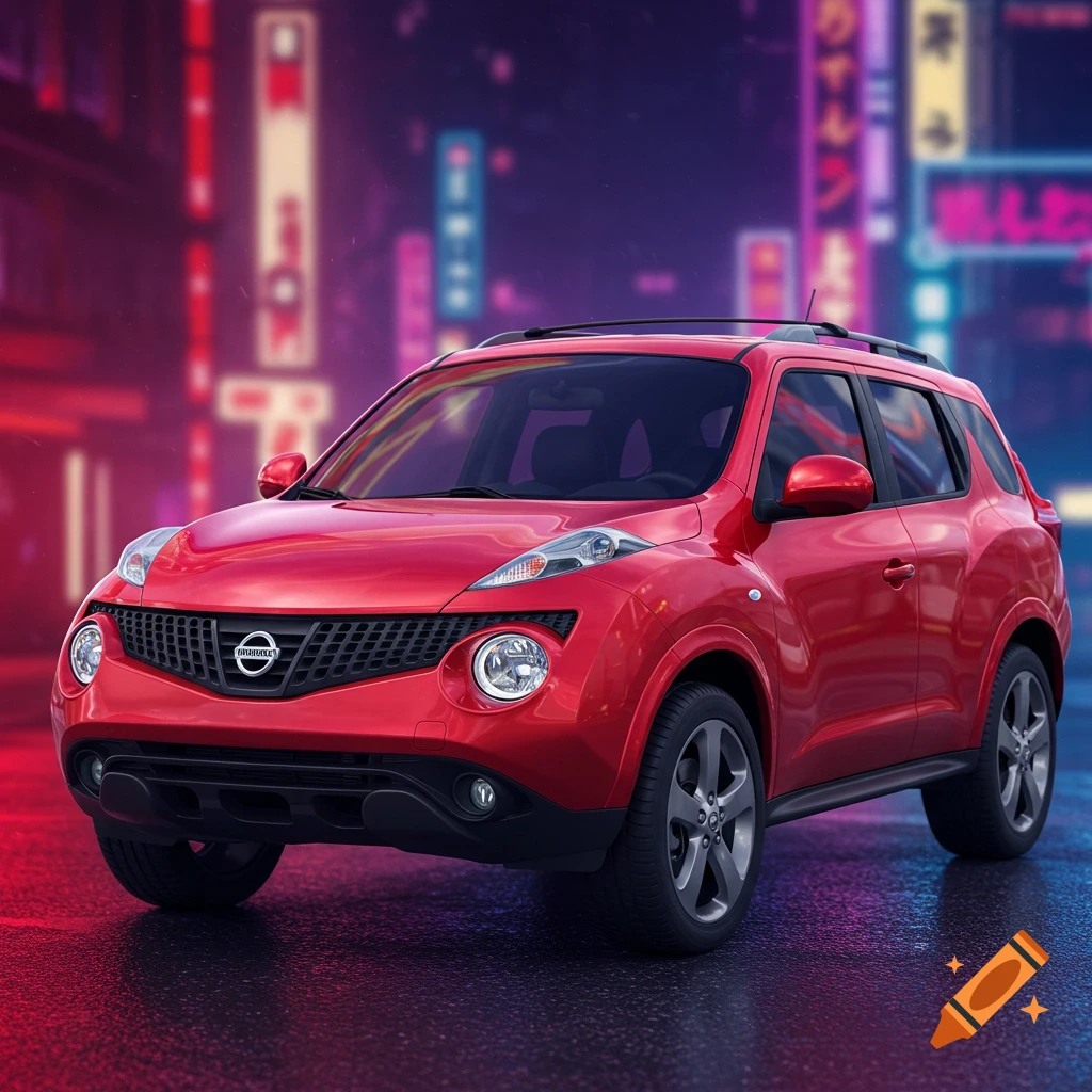 A red car parked on a wet street at night with blurry neon signs in the ...