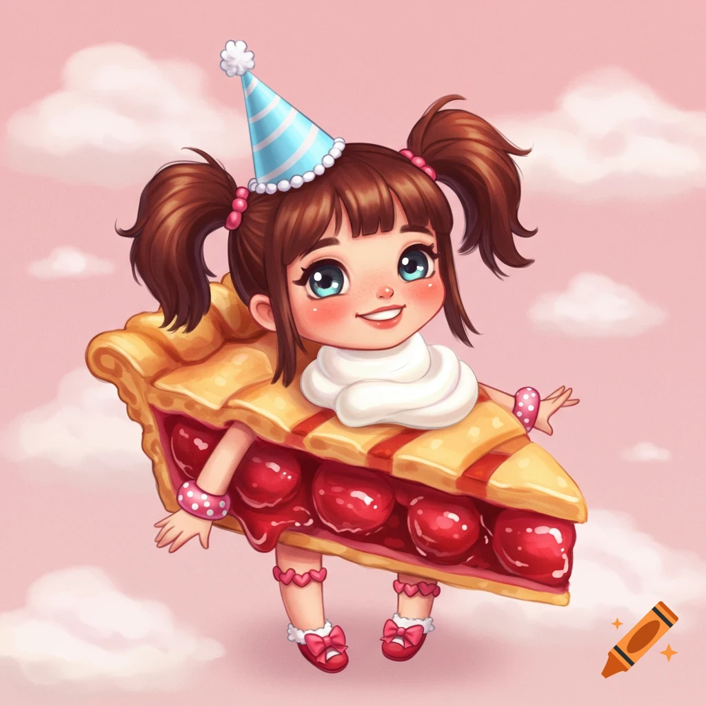 Cute illustration of a girl with a slice of pie body floating in the ...