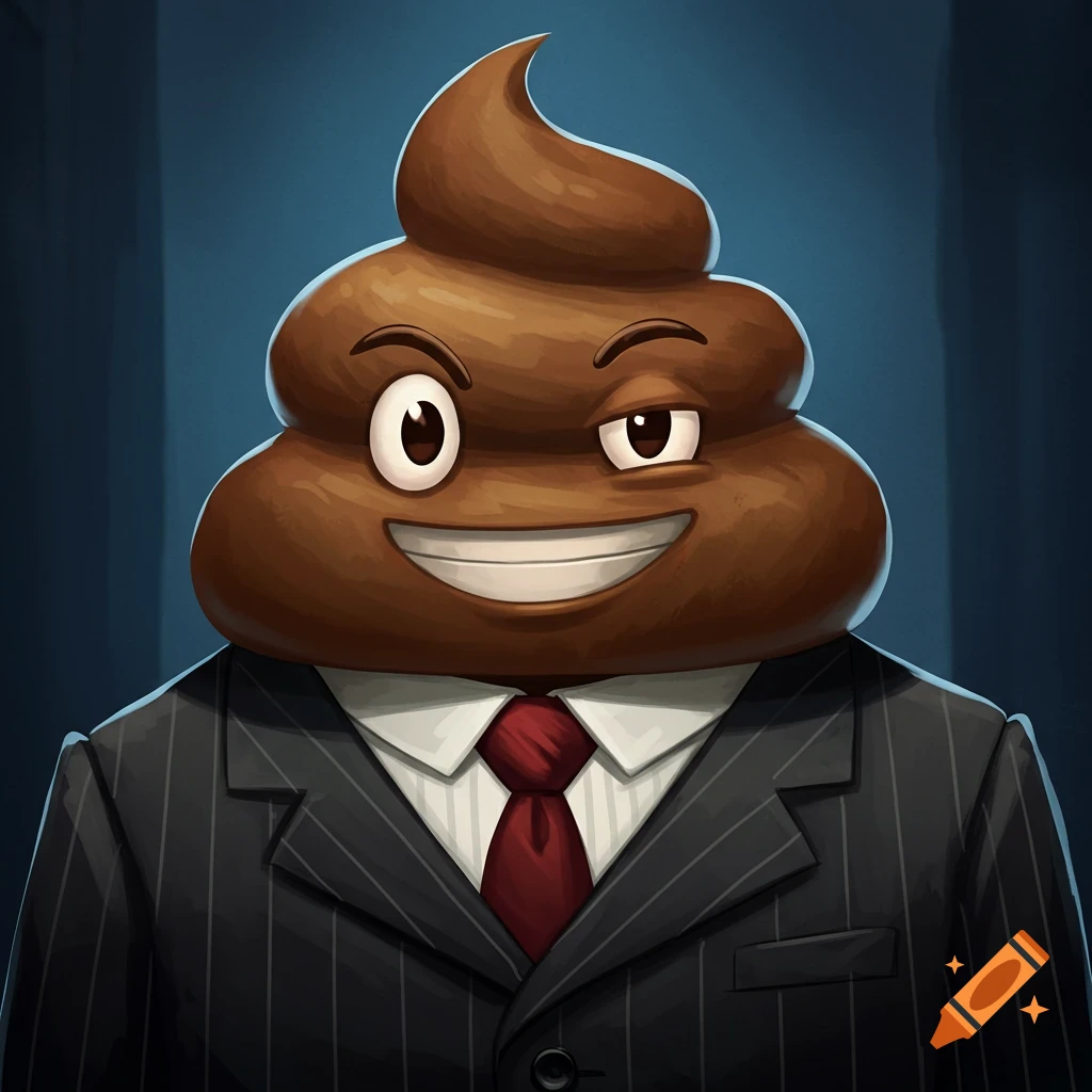 An illustration of a poop emoji wearing a pinstripe mafia suit, white ...