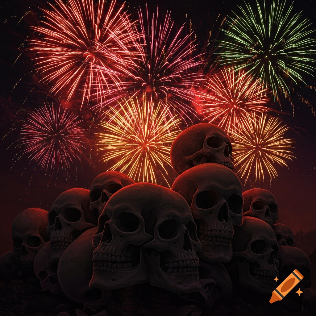 A pile of skulls under a night sky with colorful fireworks exploding ...