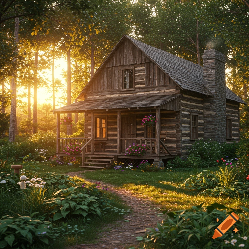 Log cabin with porch, flowers, light forest at sunset on Craiyon