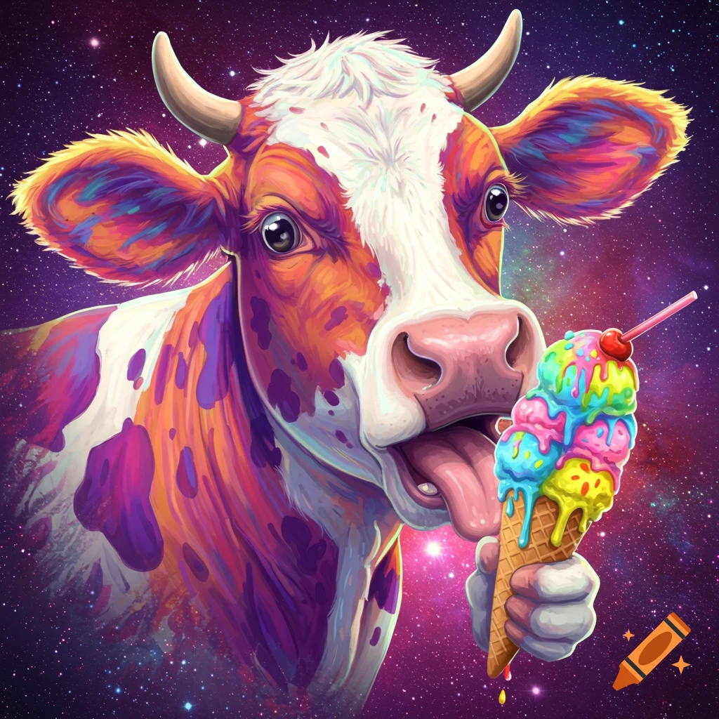 Groovy cow eating ice cream cone design on Craiyon