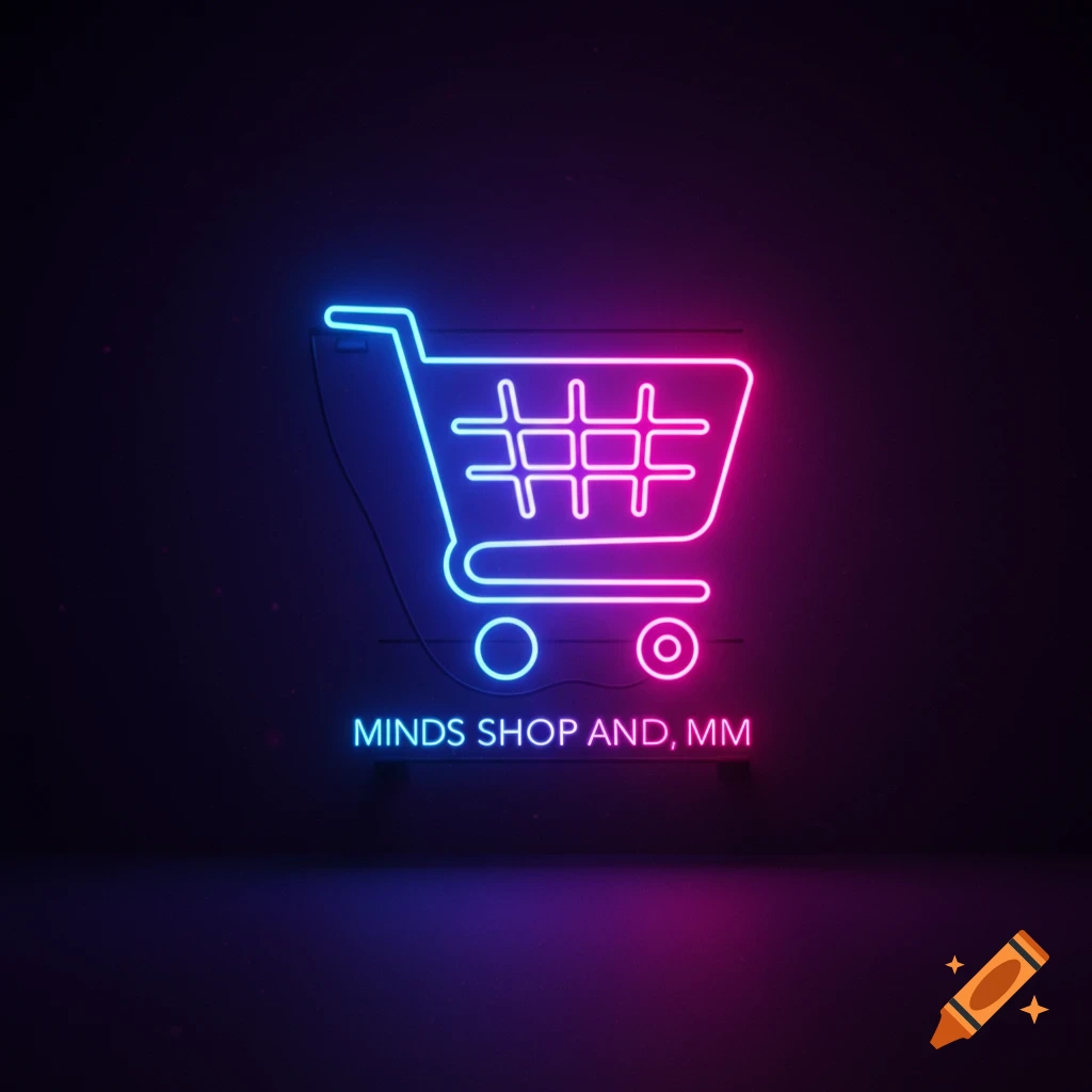 Neon sign of shopping cart with "Minds shop and mm" text on Craiyon