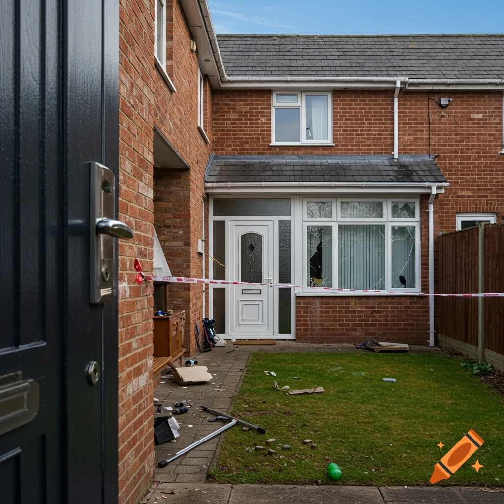 A damaged brick house with broken windows and crime scene tape across ...