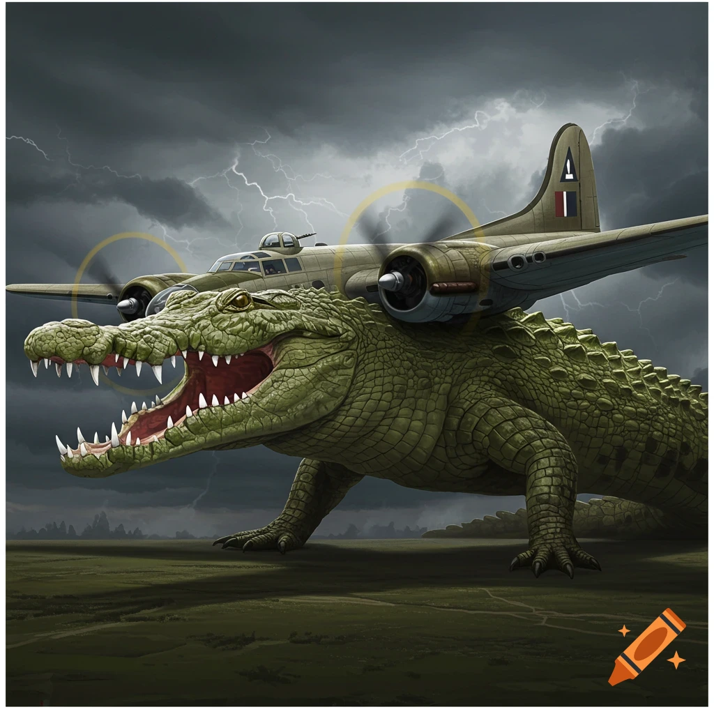 Cartoon illustration of a giant alligator combined with a B-29 bomber ...