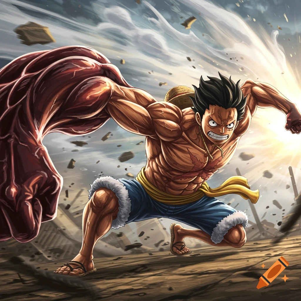 Luffy from One Piece merged with Shrek, looking muscular in a jungle ...