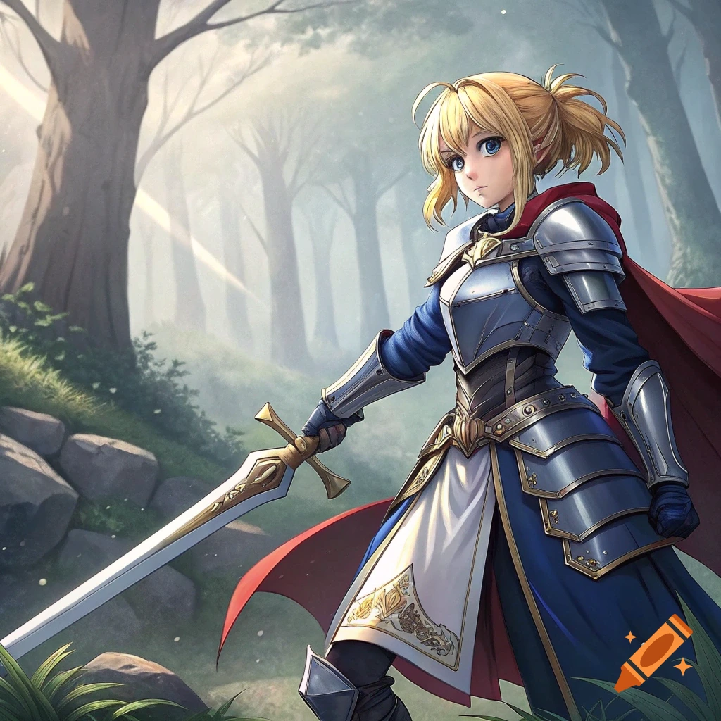 Anime style illustration of a blonde female warrior in blue and silver ...