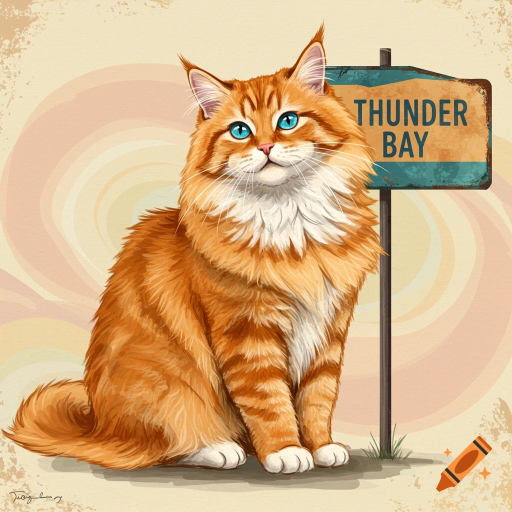 A cute orange tabby cat sits next to a sign that reads THUNDER BAY. on ...