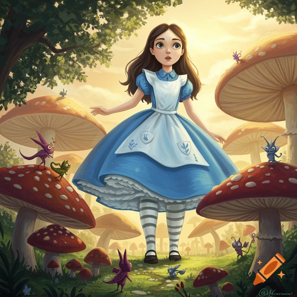 Alice in Wonderland stands in a pastel fantasy forest with giant ...
