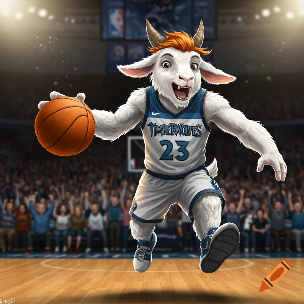 Goat with orange hair playing basketball for the Timberwolves on Craiyon