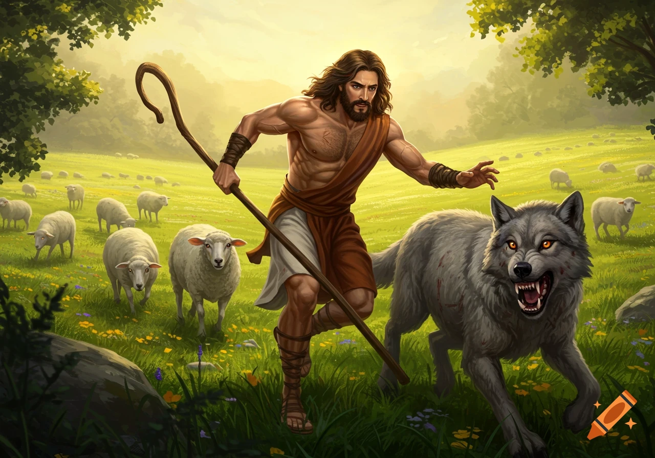 Muscular Jesus chasing a wolf with sheep in background, shepherd's ...