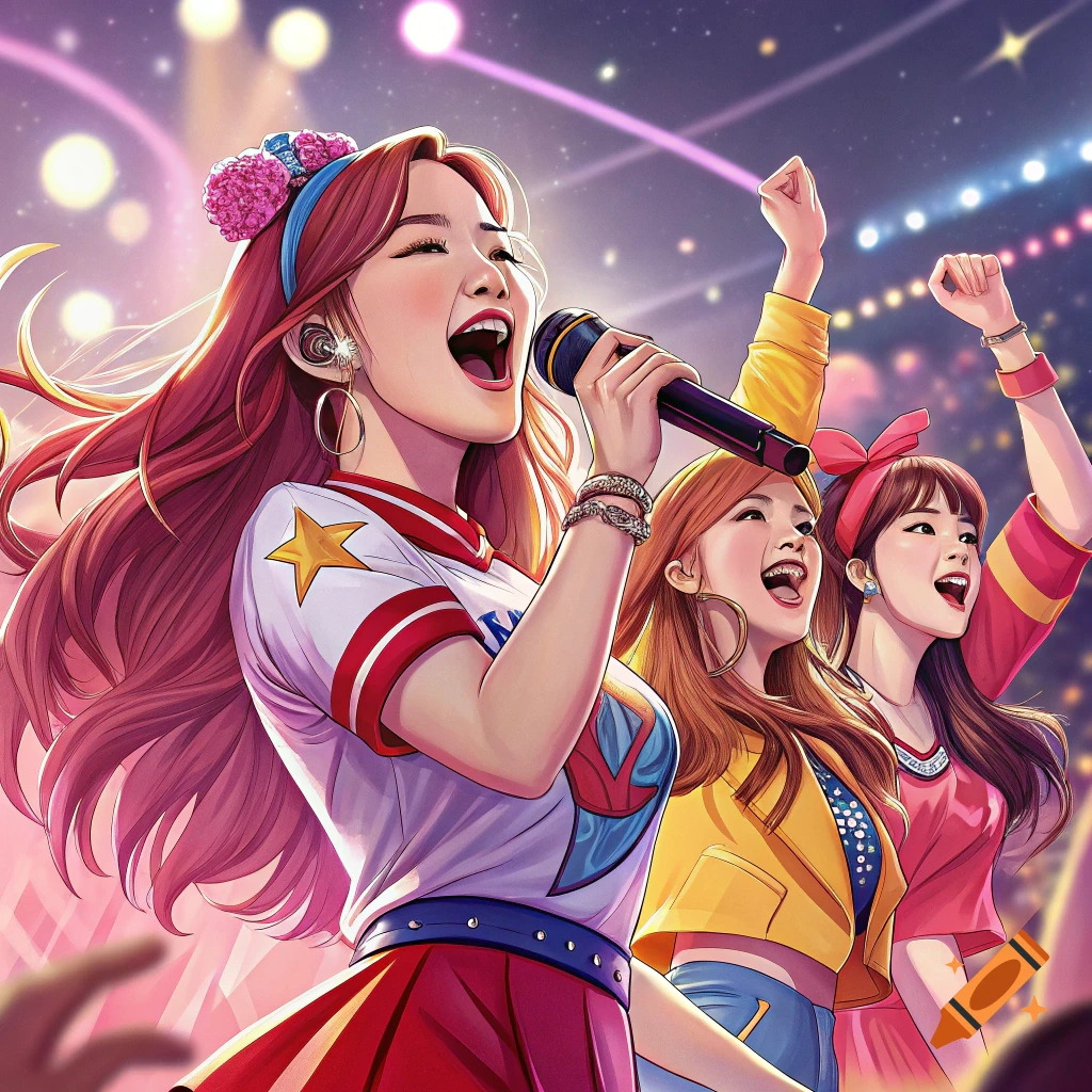 Anime illustration of three young women singing at a brightly lit ...