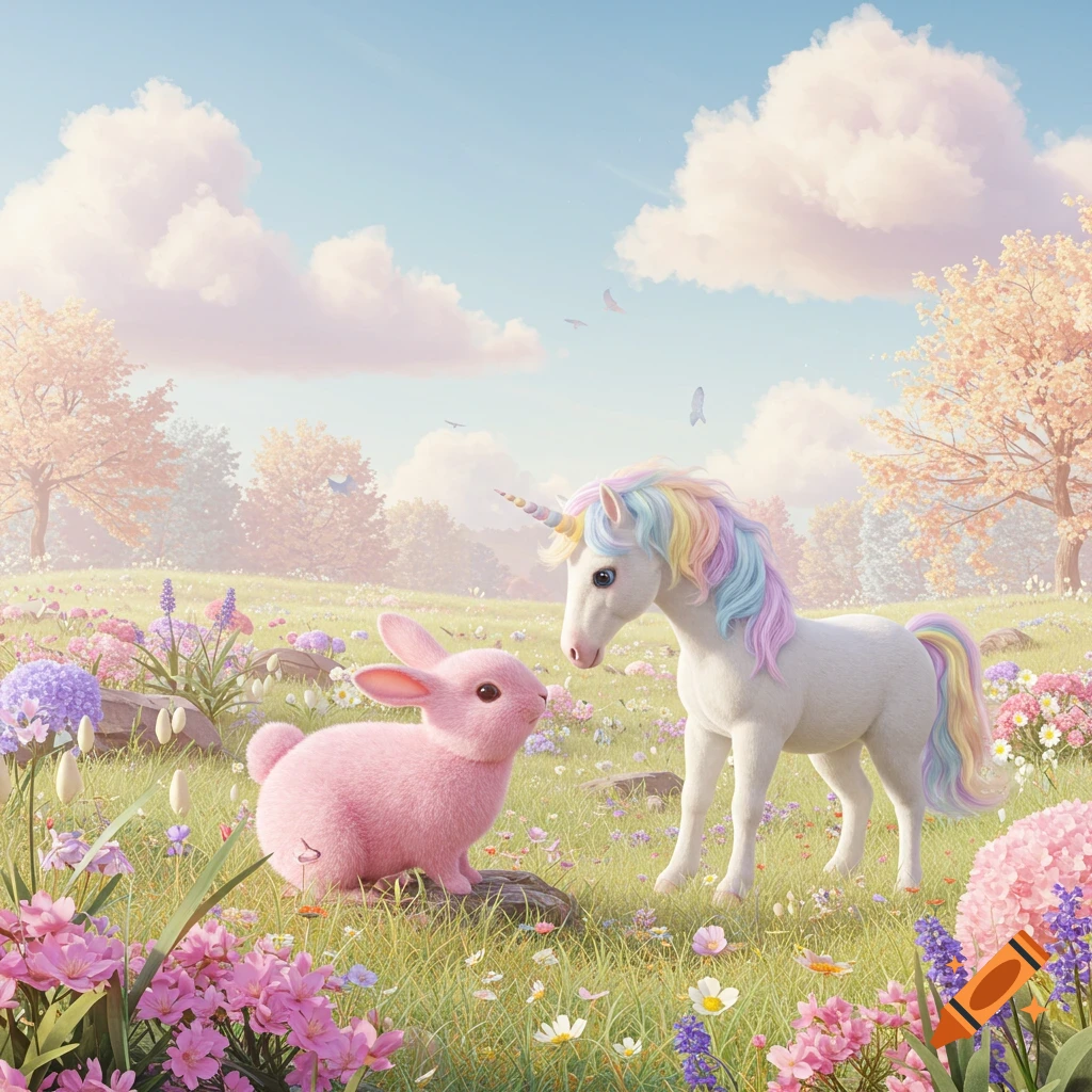 A colorful unicorn with a rainbow mane and tail trots through a vibrant, flowery meadow with ...