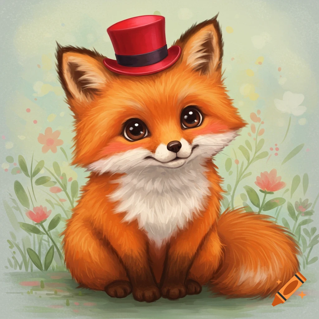 A cute cartoon fox wearing a red hat sits in a field of colorful ...