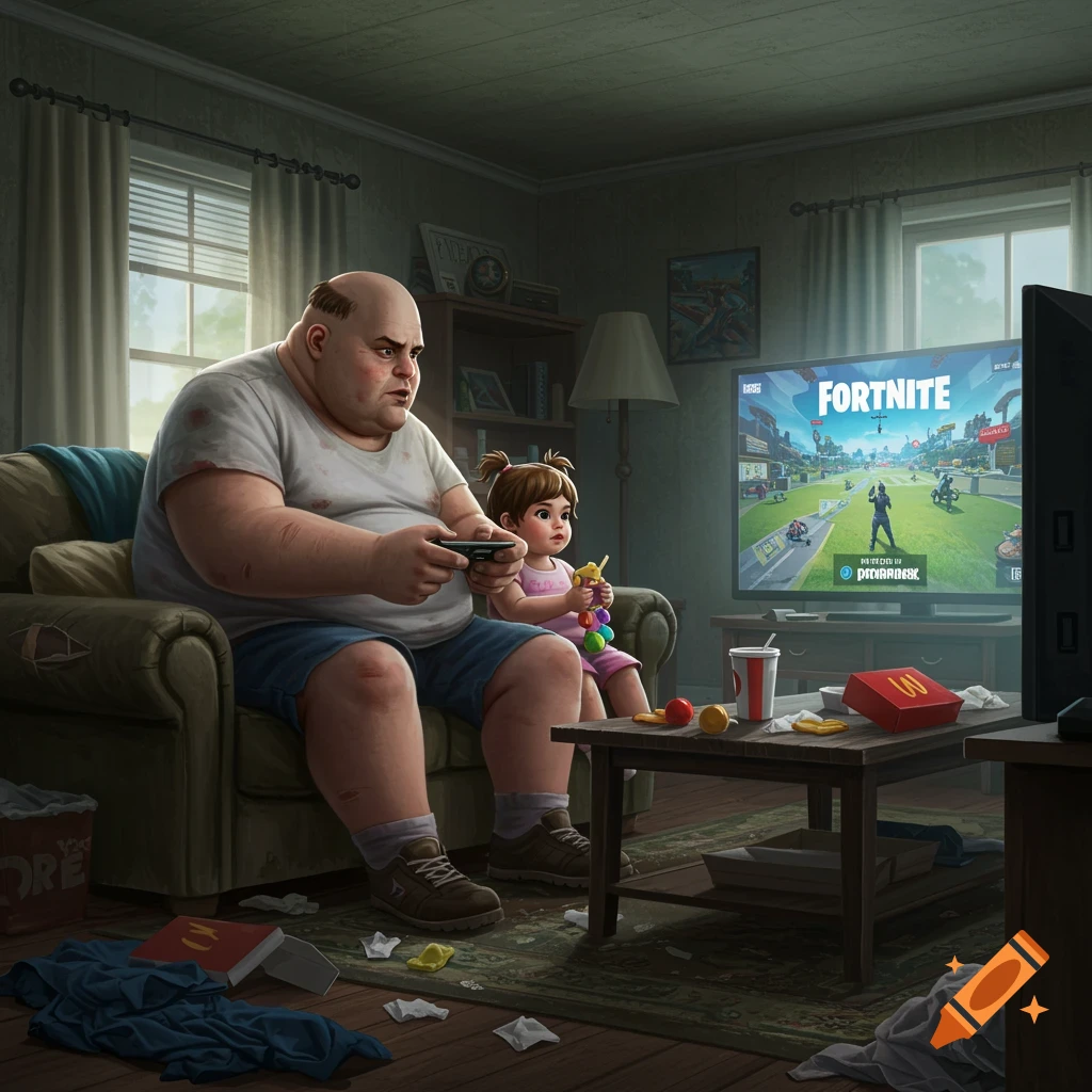 An overweight man and his young daughter are sitting on a couch playing ...