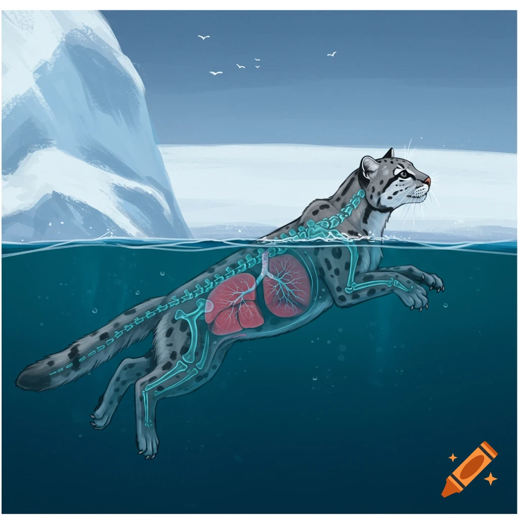 An artistic depiction of a snow leopard swimming in water near an ...