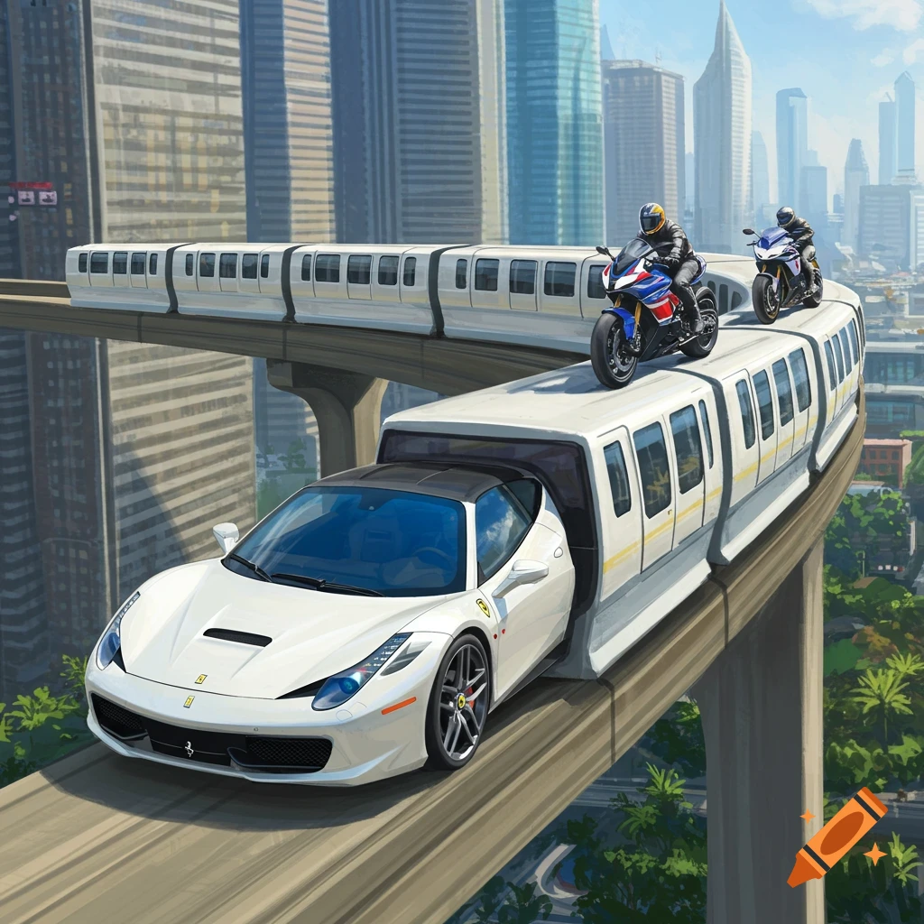 Monorail with train cars resembling white Ferraris and motorcycles on ...