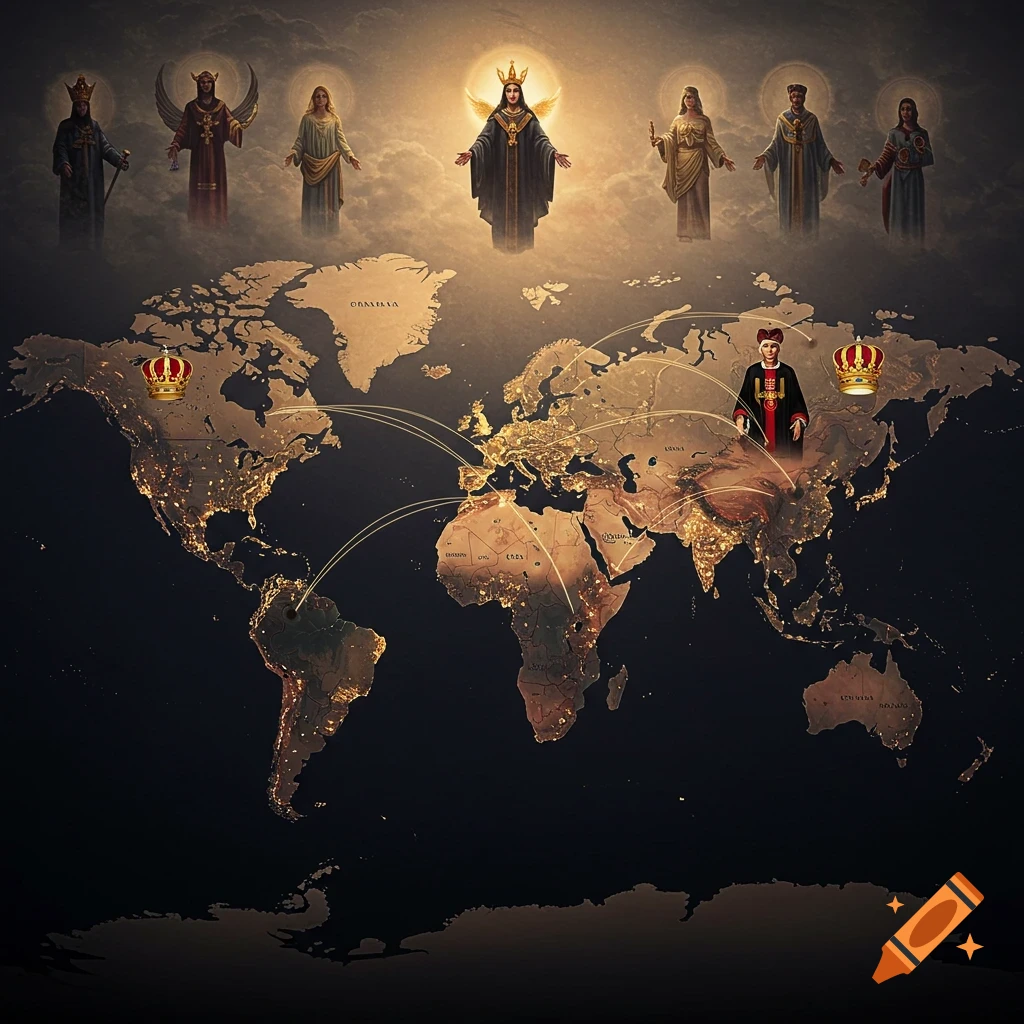 Dramatic political world map with ethereal spirit entities, realistic ...