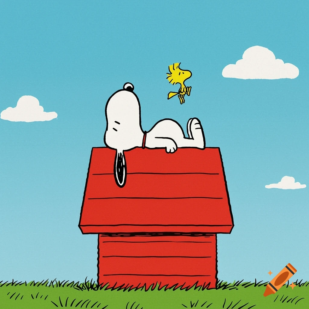 Snoopy lays on a large lily pad in a pond, cartoon illustration style ...