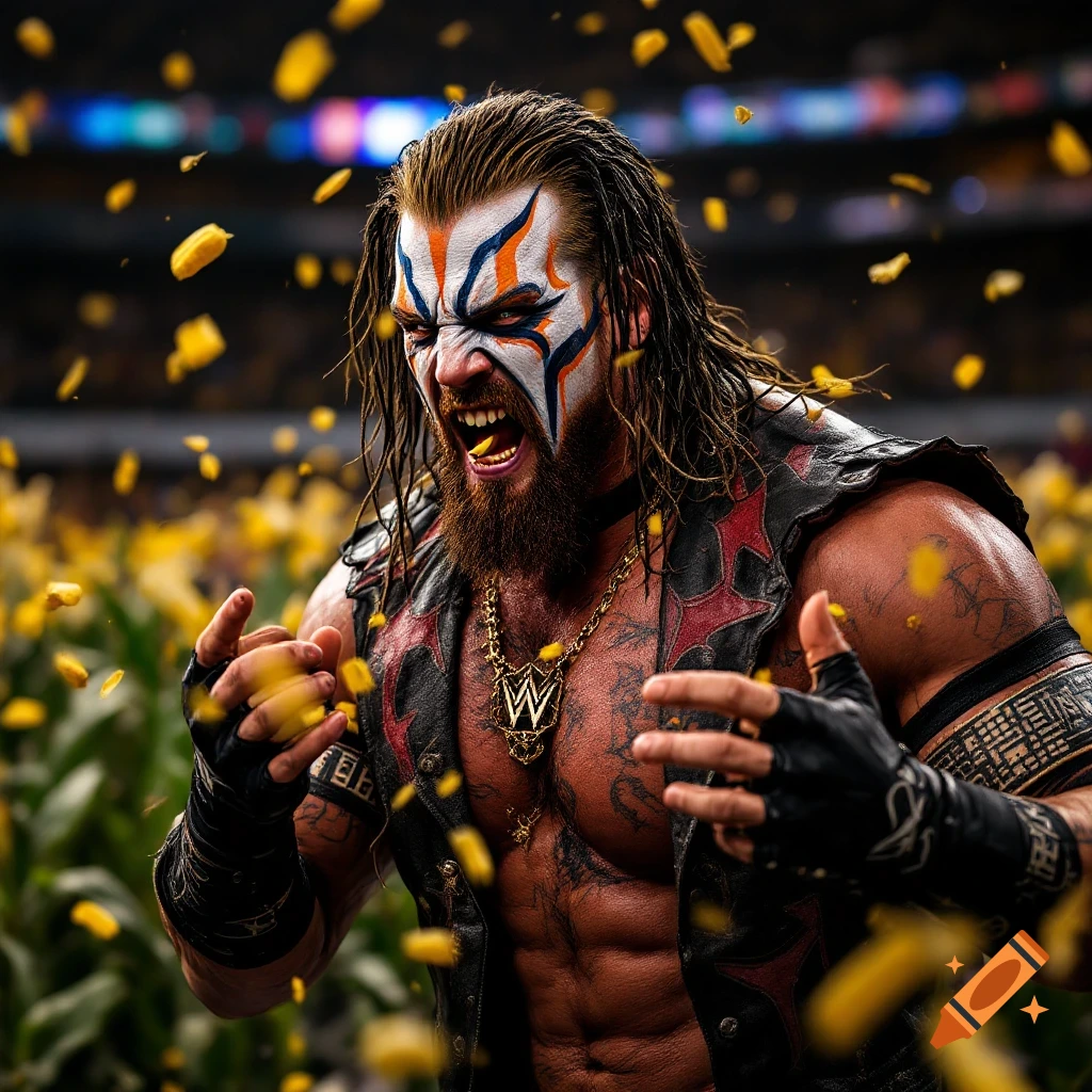 A pro wrestler wearing red and black gear with horns, spikes, and ...