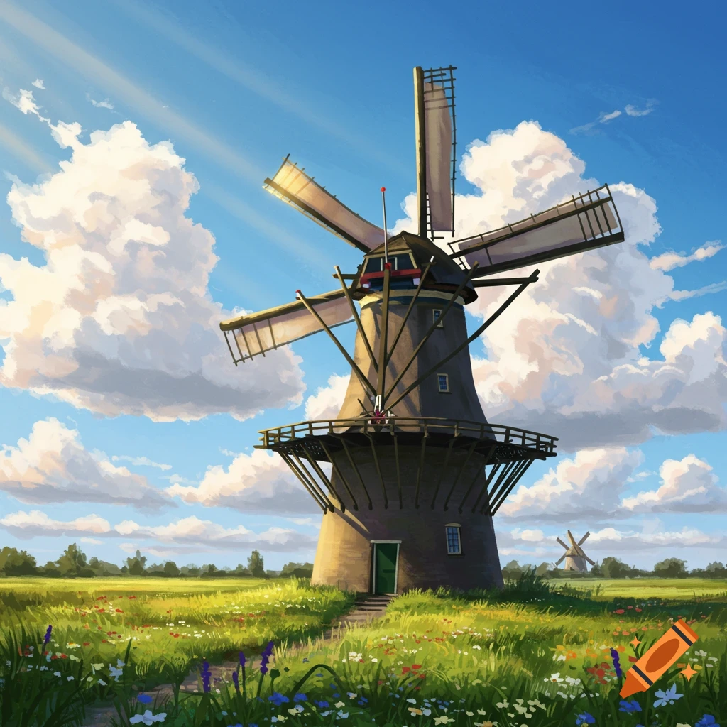 A windmill stands in a golden field under a blue sky with clouds ...