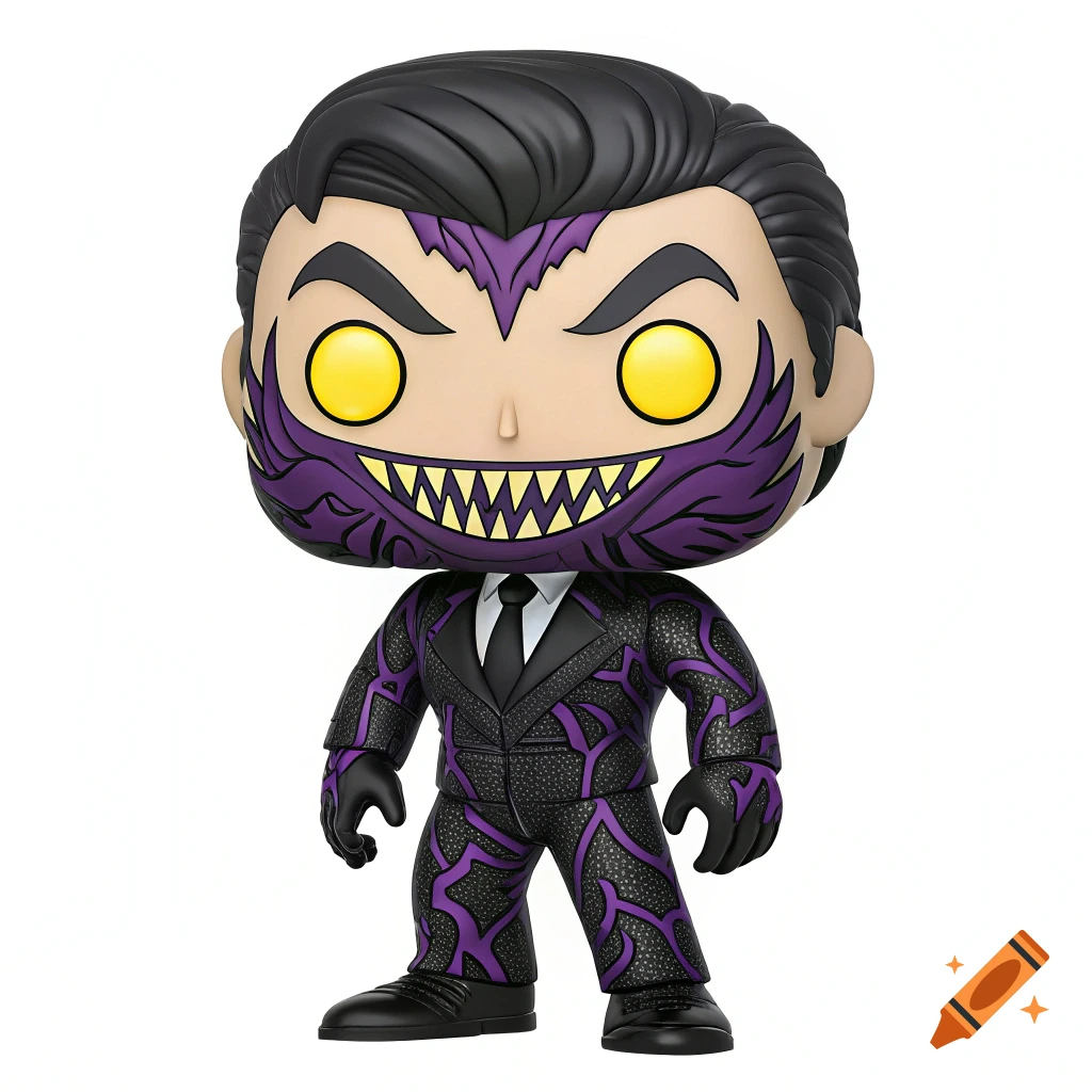 A Funko Pop figure of Francis Bacon, wearing a brown coat, purple vest ...