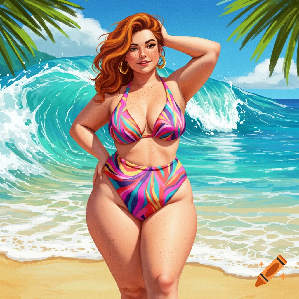 A blond woman in a bikini walking on a beach. on Craiyon