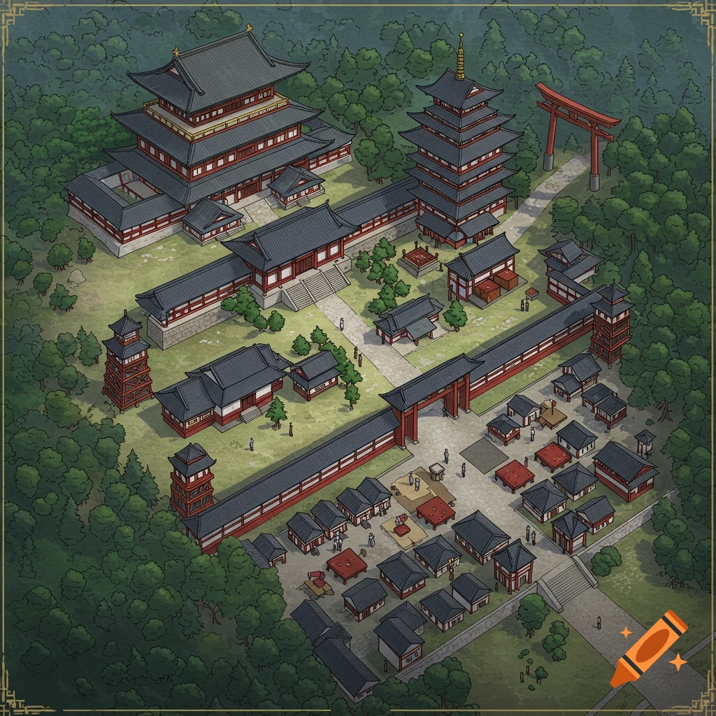 Japanese palace layout with forest, temple, and town on Craiyon