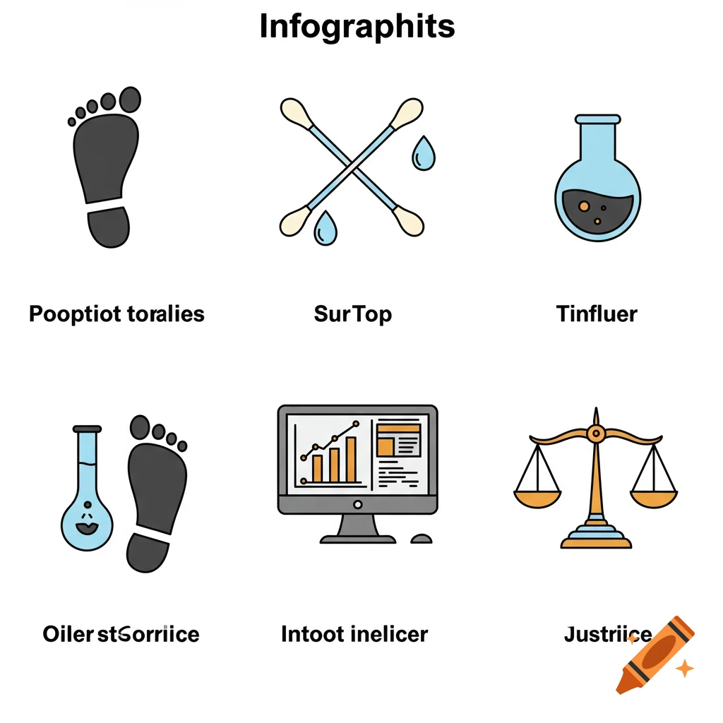 Simple illustration of six icons in a grid: footprint, swabs, flask ...