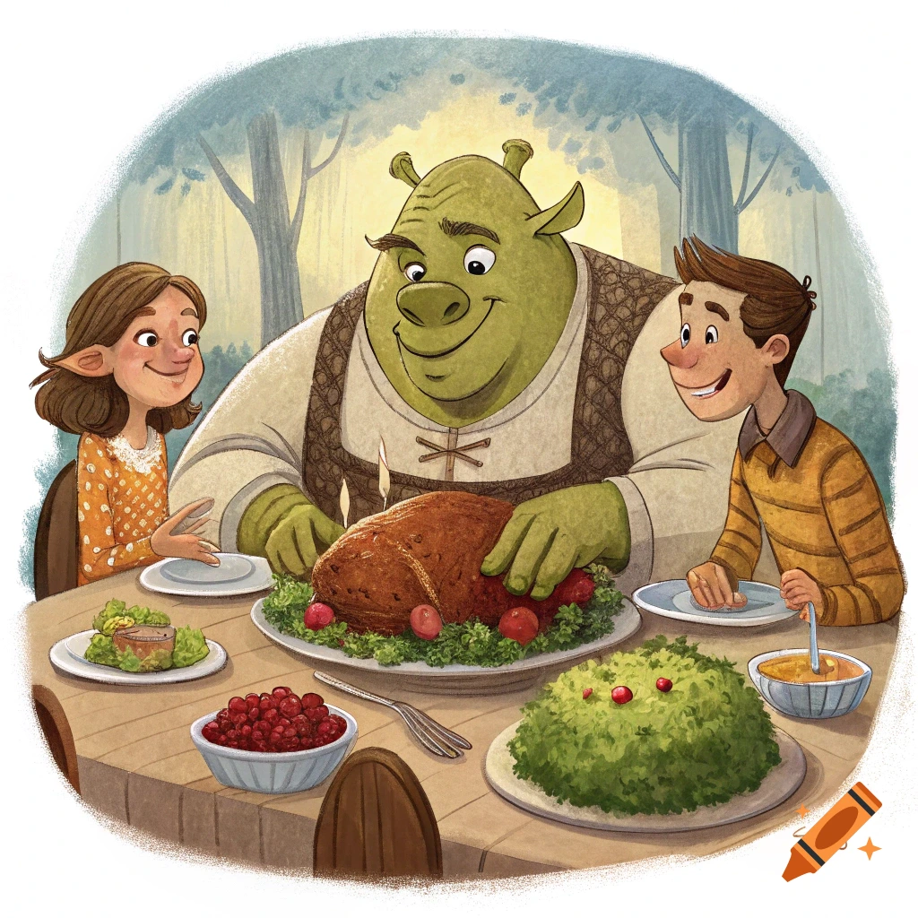 Three people eating roasted pig with Shrek present. on Craiyon