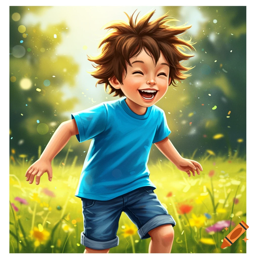 Illustration of a happy boy running in a sunny field of flowers on Craiyon
