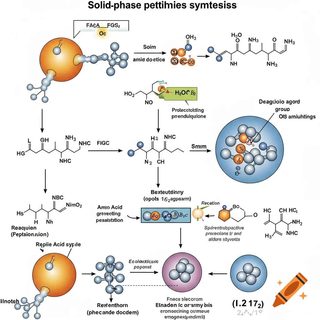 Scientific illustration of solid-phase peptide synthesis with resin ...