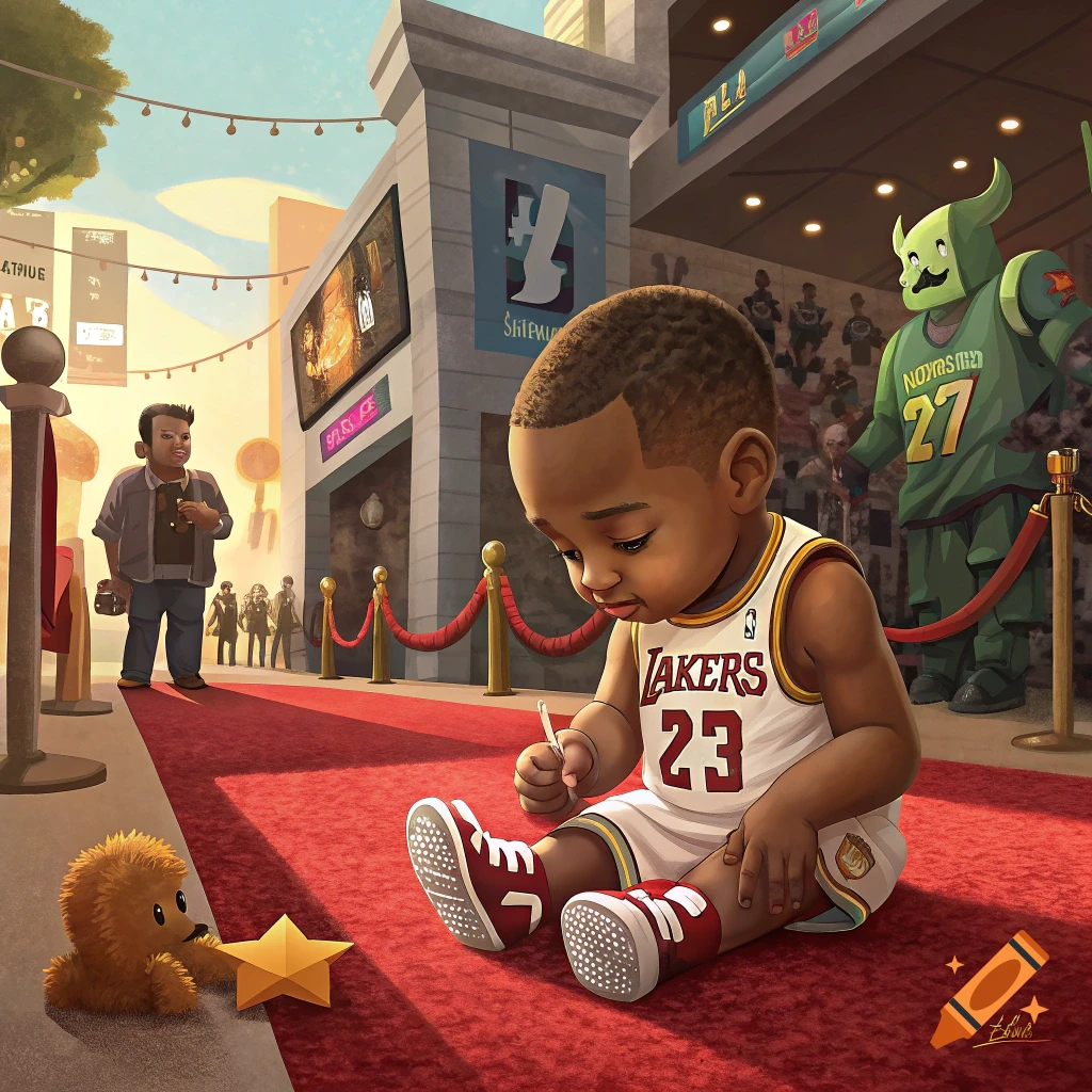 Baby Lebron James playing with toes at Minecraft movie premiere on Craiyon
