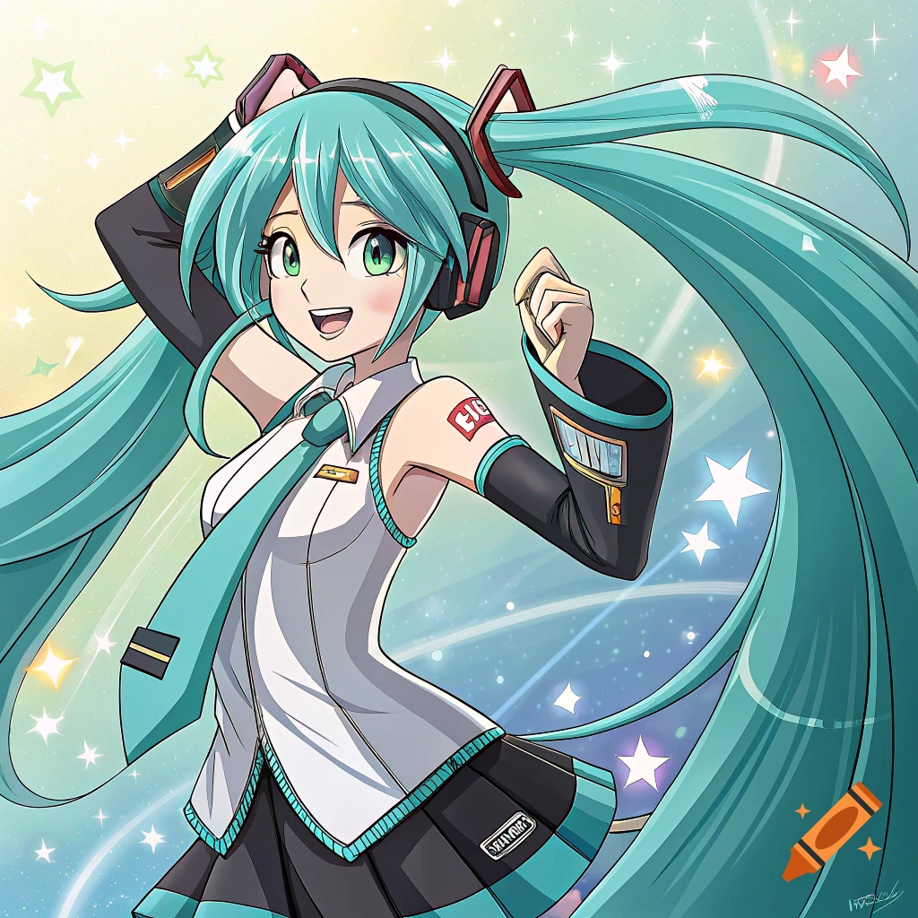 Anime illustration of Hatsune Miku singing into a microphone, making a ...