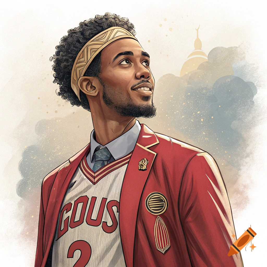 Two basketball players in white and red jerseys stand over a cityscape ...