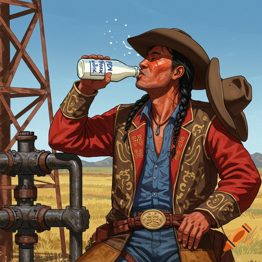 Asian cowboy drilling for oil and drinking milk on Craiyon