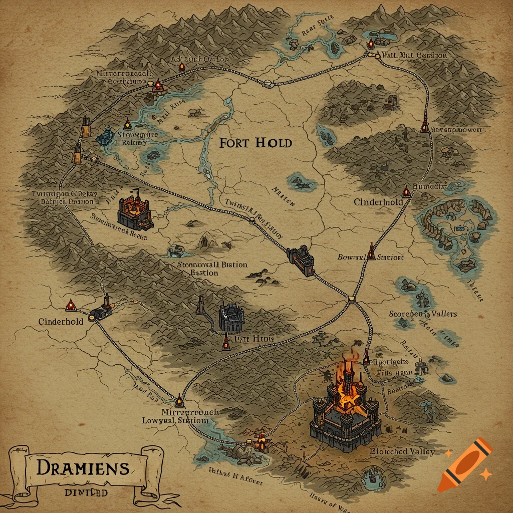 Parchment-style fantasy map of a crumbling continent with rail paths ...