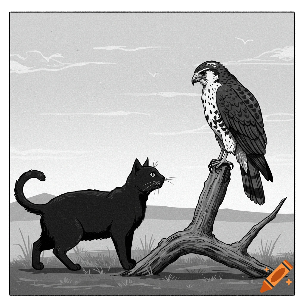 A black cat stands facing a hawk perched on a branch in a black and ...